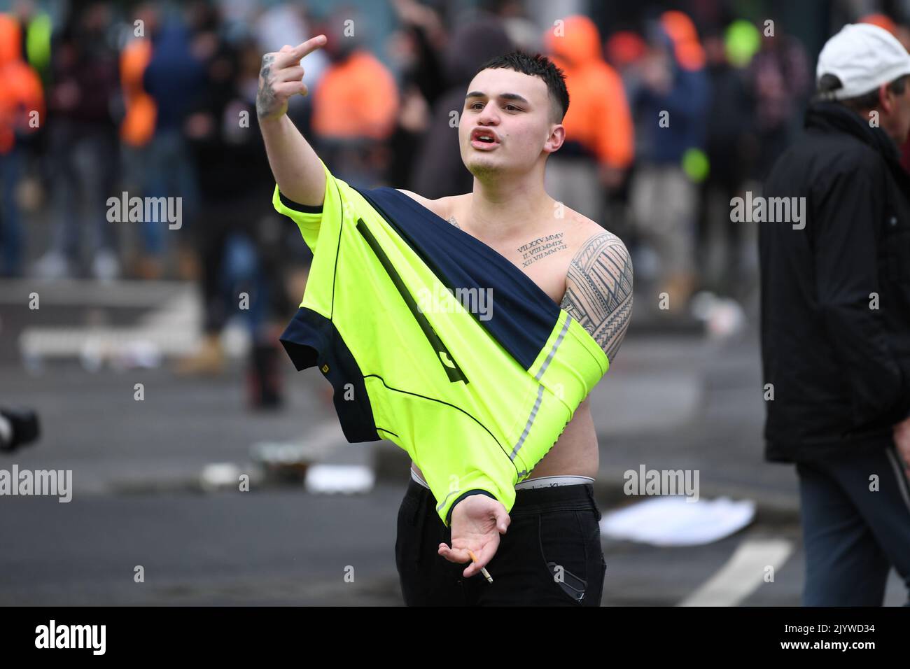 Construction workers are seen at a protest at Construction, Forestry ...