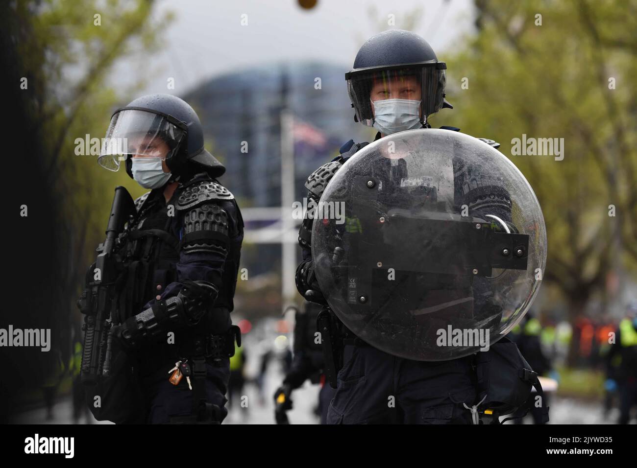 Police in riot gear are seen at a protest at Construction, Forestry ...