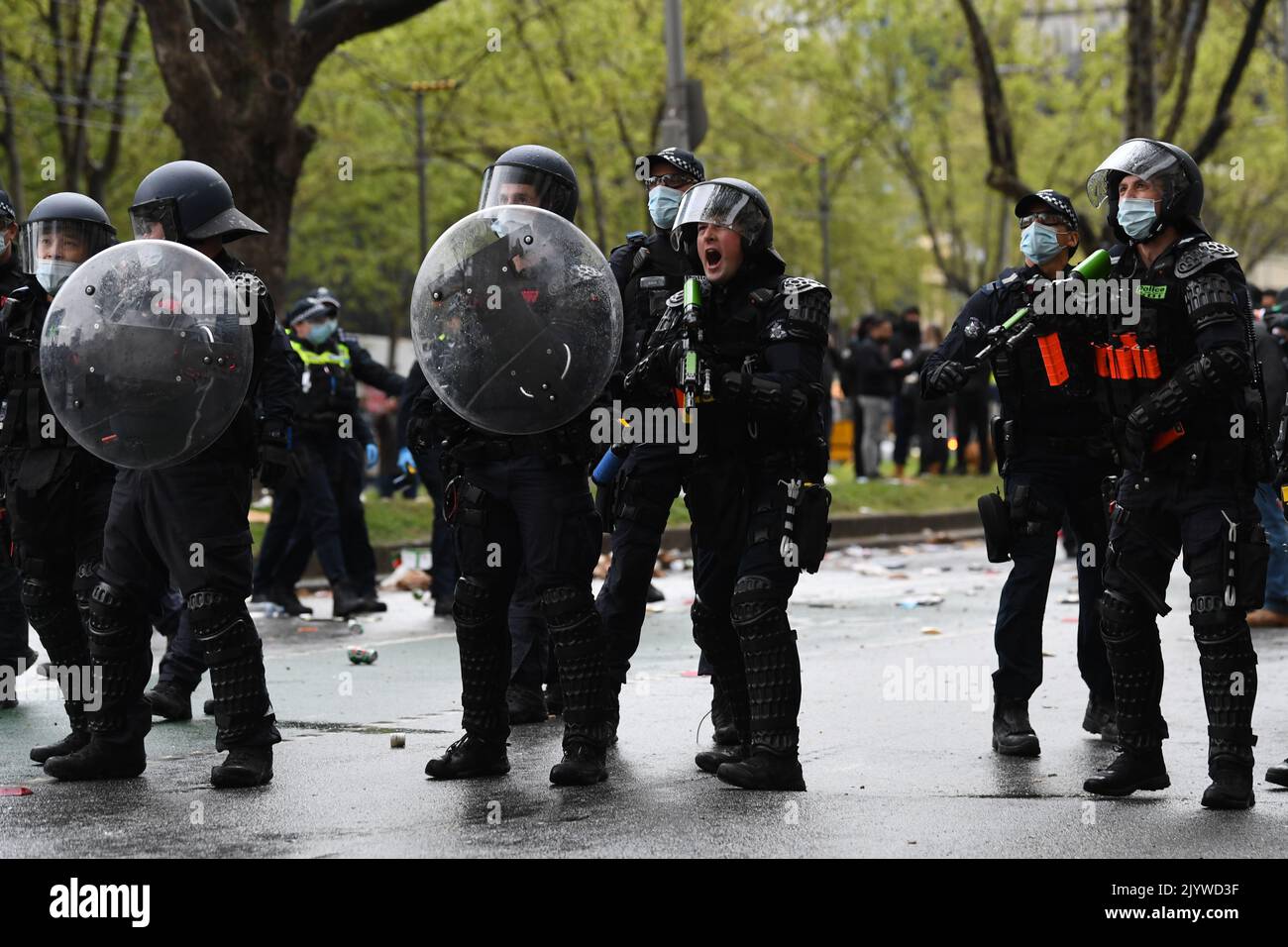 Police in riot gear are seen at a protest at Construction, Forestry ...