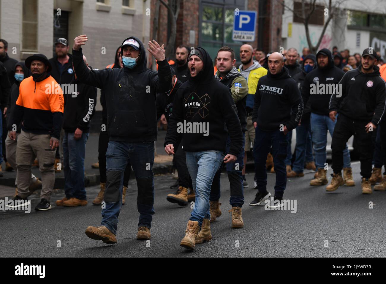 Construction workers are seen at a protest at Construction, Forestry ...