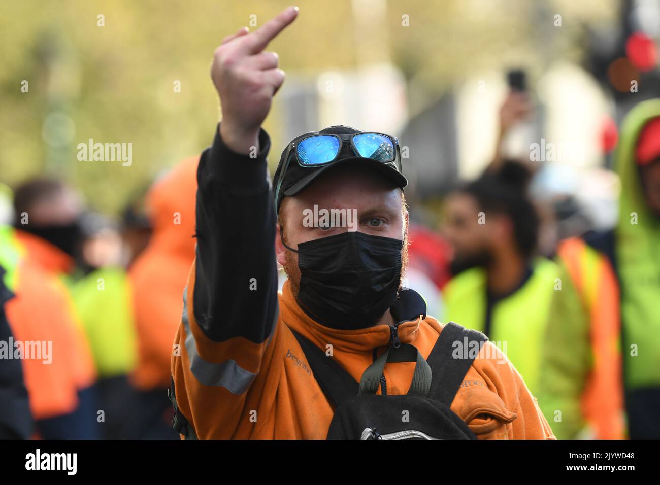 Construction workers are seen at a protest at Construction, Forestry ...