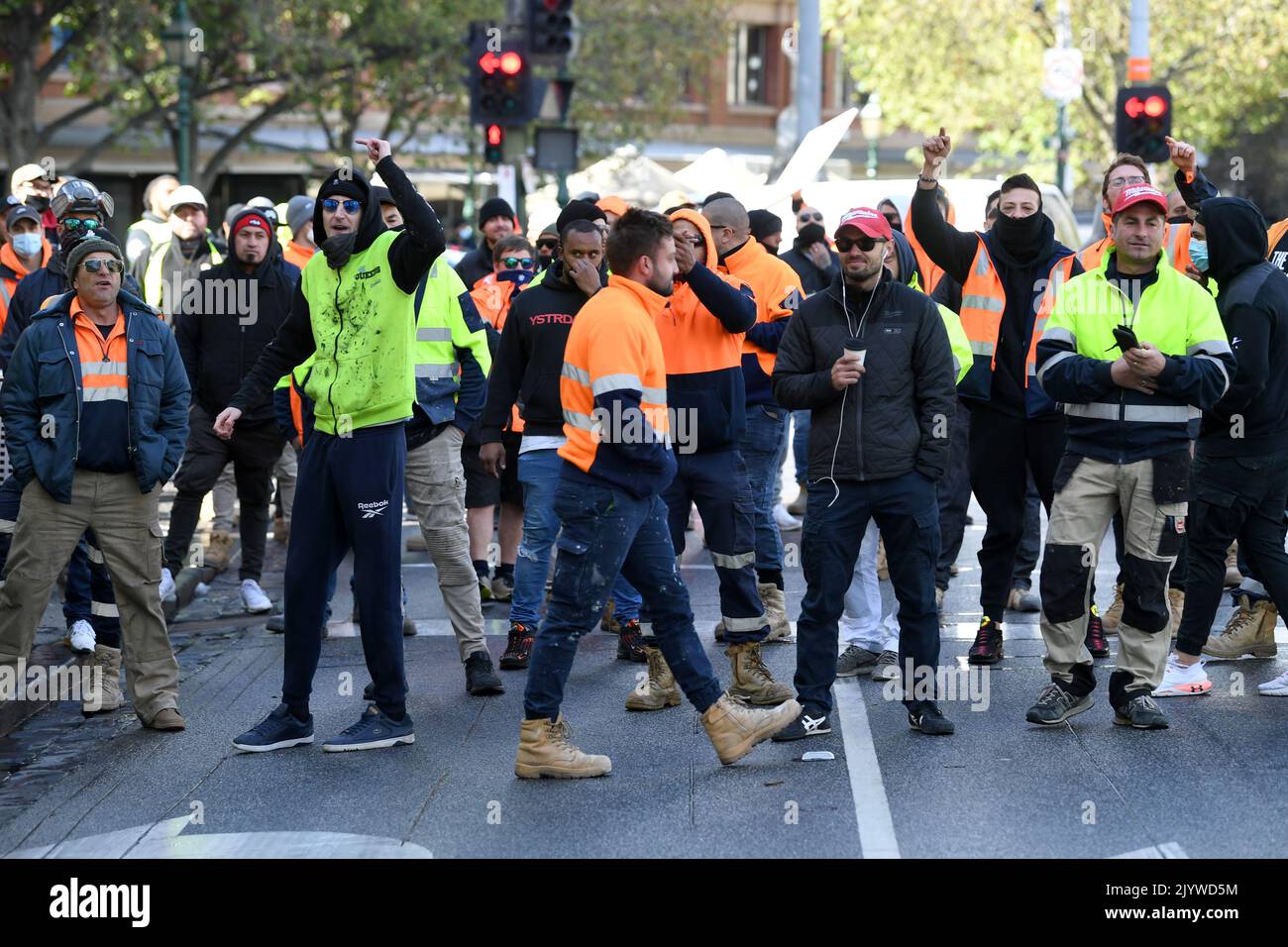 Construction workers are seen at a protest at Construction, Forestry ...