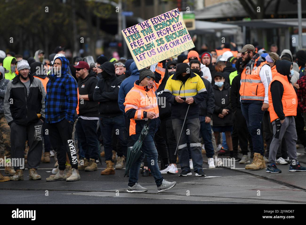 Construction workers are seen at a protest at Construction, Forestry ...