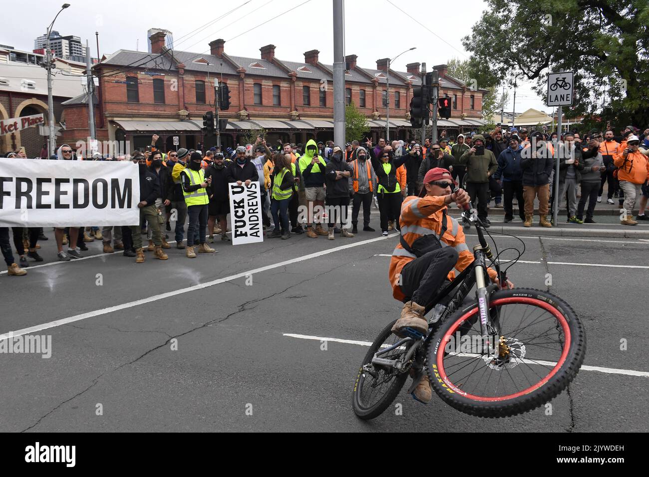 Construction workers are seen at a protest at Construction, Forestry ...