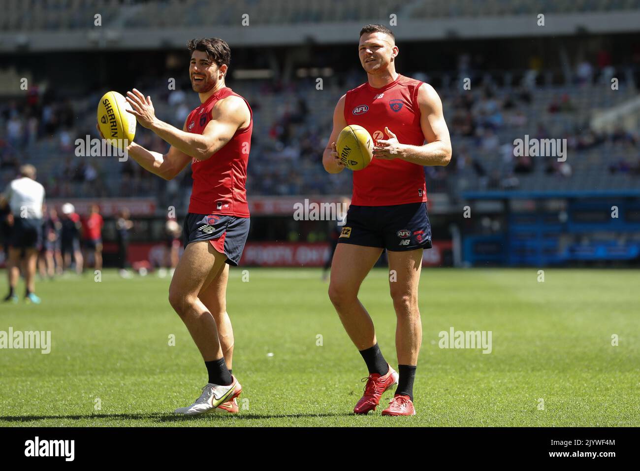 Christian Petracca and Steven May of the Demons are seen during Grand ...
