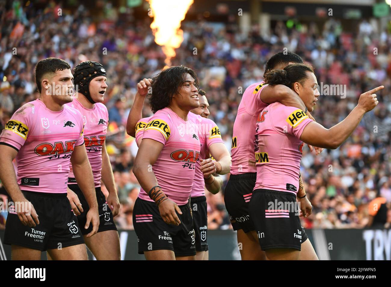 Panthers Brian To’o (C) celebrates after scoring a try during the NRL ...
