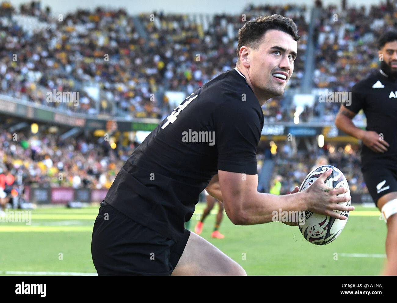 Will Jordan of the All Blacks celebrates scoring a try during the Rugby ...