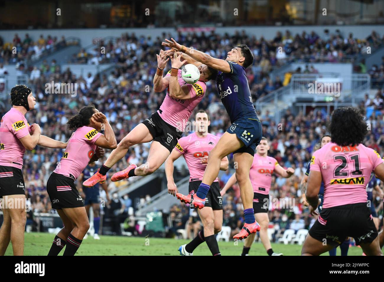 Oanthers Dylan Edwards and Storm Reimis Smith compete for a high ball ...
