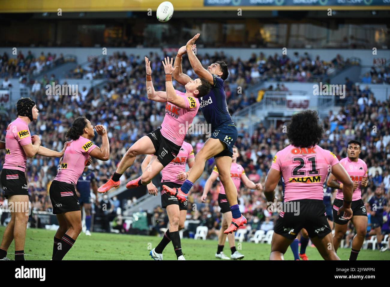 Oanthers Dylan Edwards and Storm Reimis Smith compete for a high ball ...