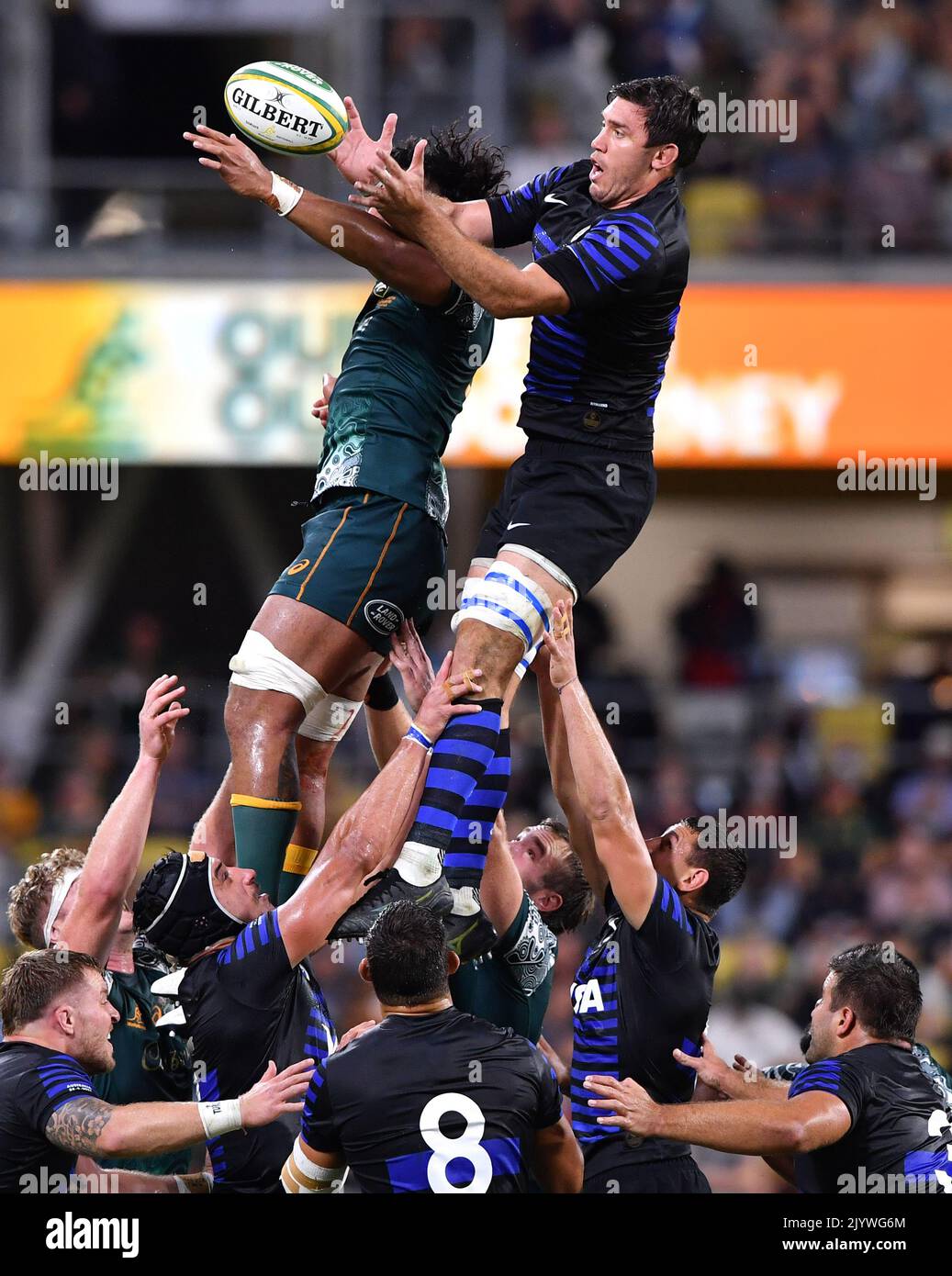 Robert Leota (left) of the Wallabies contests for the line out ball ...