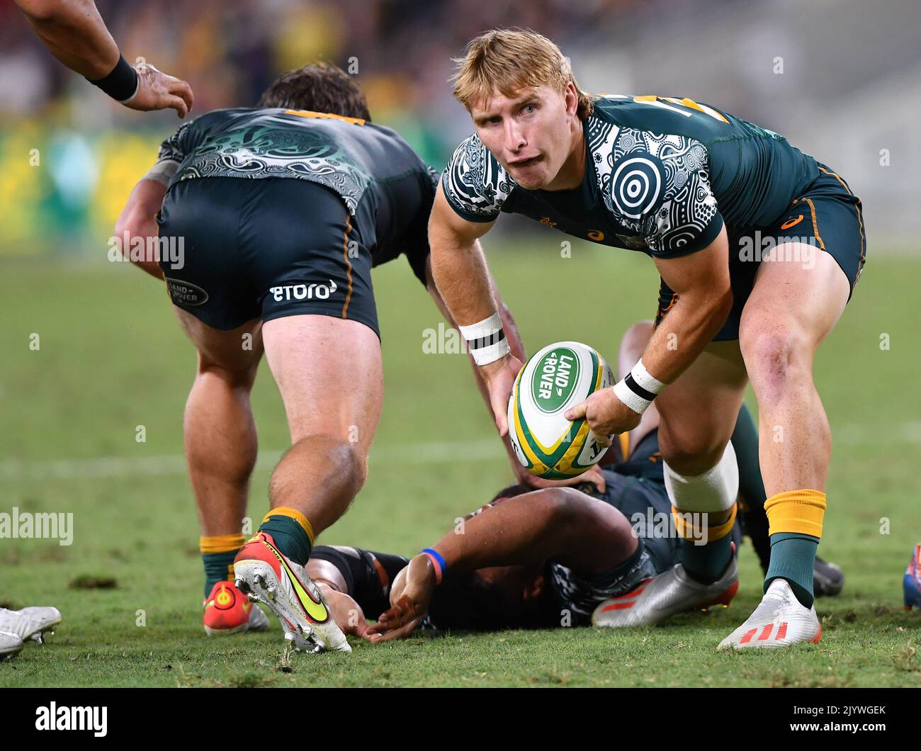 Tate McDermott (right) of the Wallabies in action during the Rugby ...