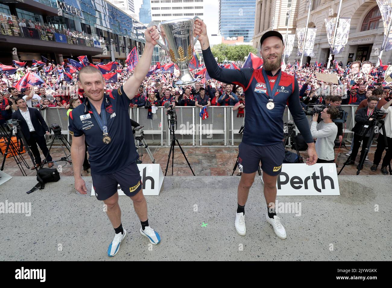 Simon Goodwin, head coach of the Melbourne Demons and captain Max Gawn ...