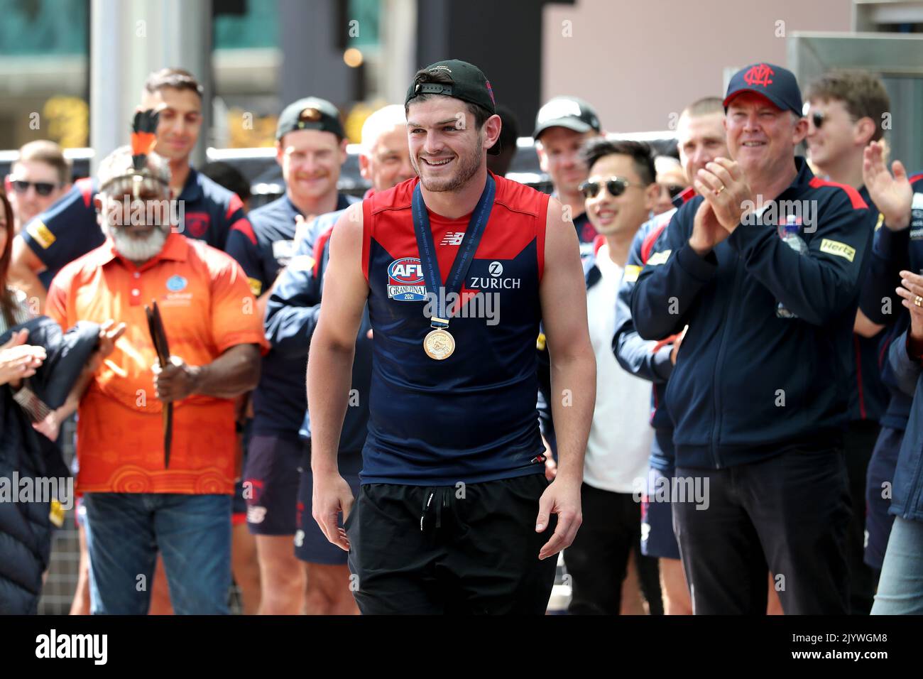 Angus Brayshaw of the Demons arrives on stage during a Grand Final ...