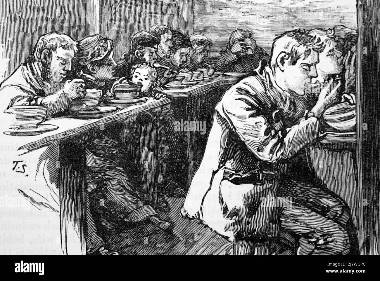 Illustration depicting the eating hall of a hospice, where the poor ...