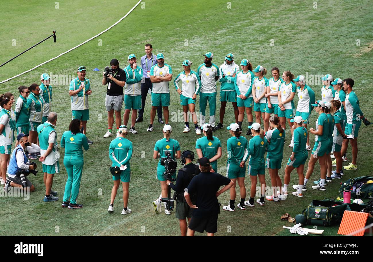 Australian players form a huddle during day 1 of the Test match between ...