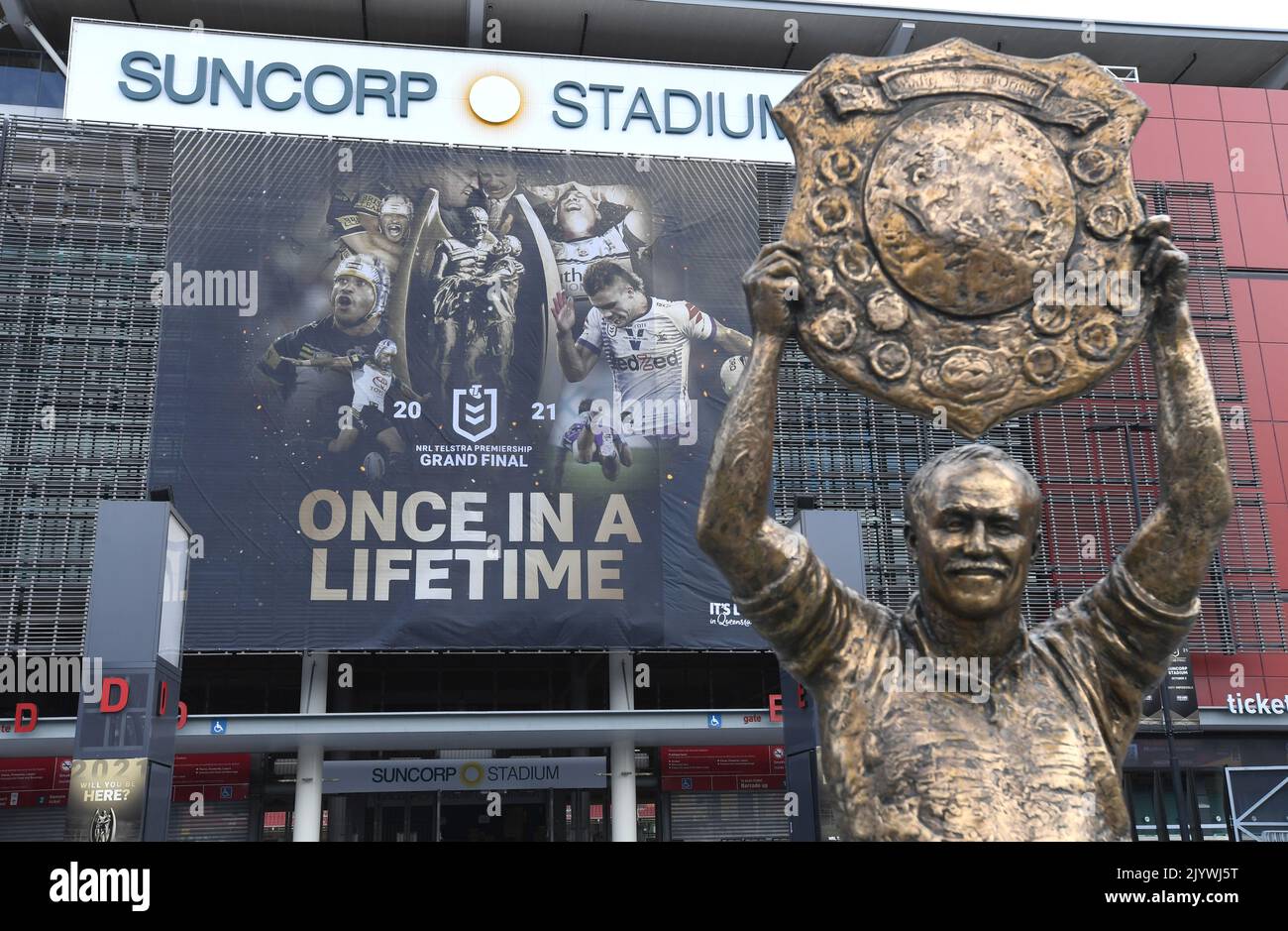 A statue of former Rugby League player Wally Lewis is seen at the front ...