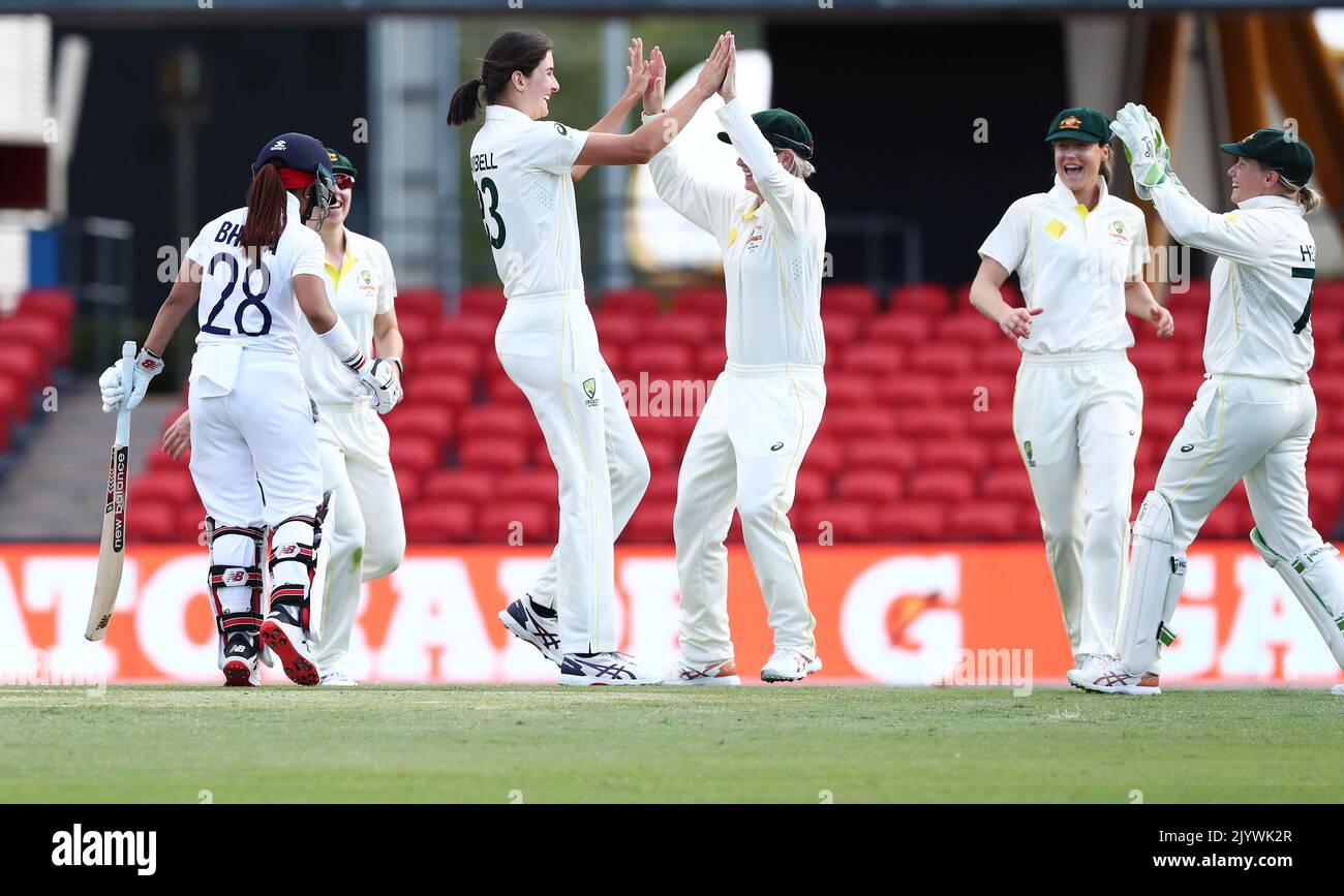 Australia's Stella Campbell celebrates her first test wicket of India's ...