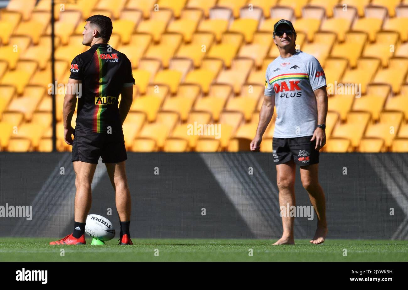 Nathan Cleary (left) of the Panthers practises his goal kicking while ...
