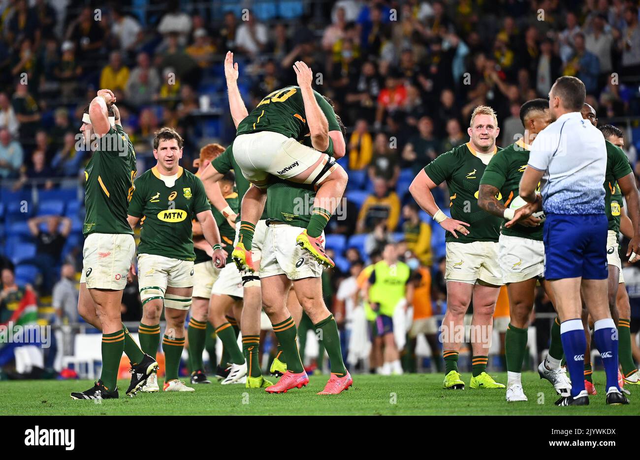 Springboks player Jasper Wiese (centre) reacts at full time after South ...