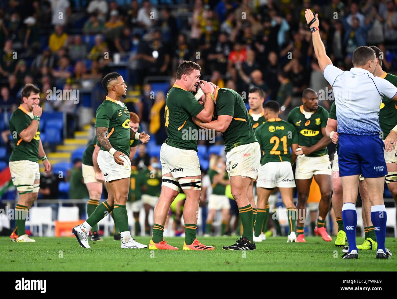 Springboks player Jasper Wiese (centre) reacts at full time after South ...