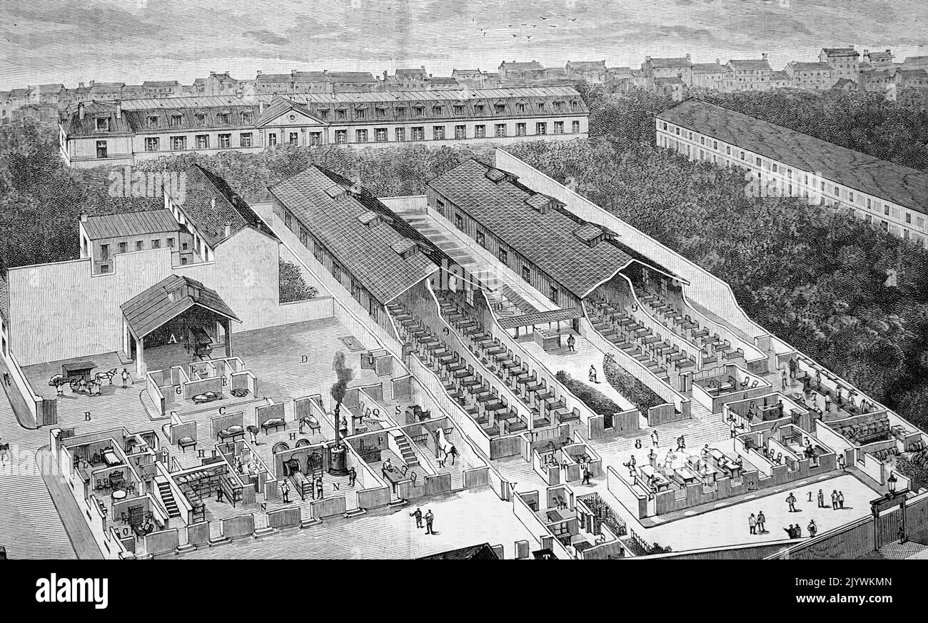 Illustrated cross section of a poor relief building in Paris. Dated ...