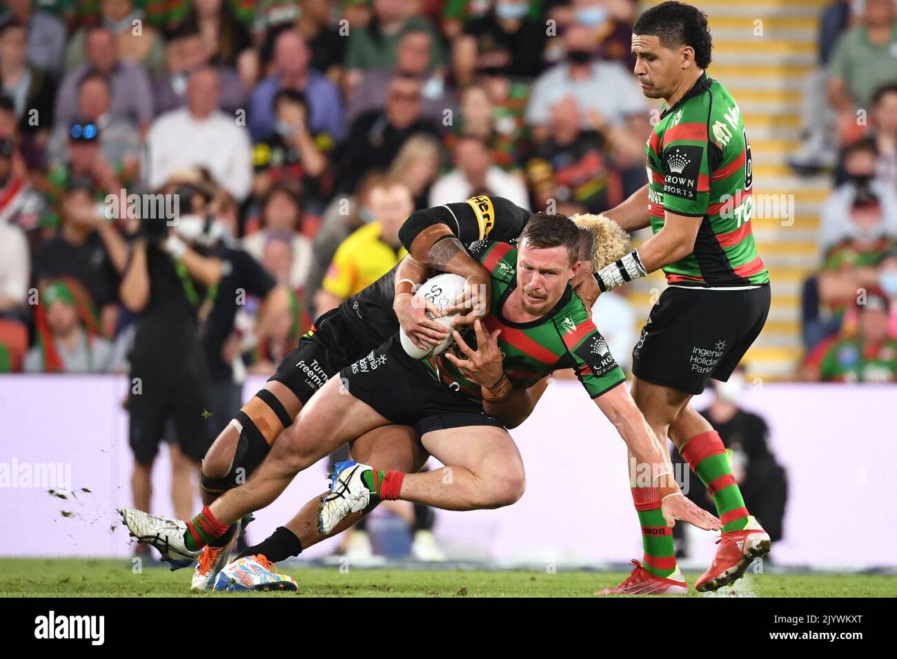 Rabbitohs Damien Cook is tackled the NRL Grand Final between the ...