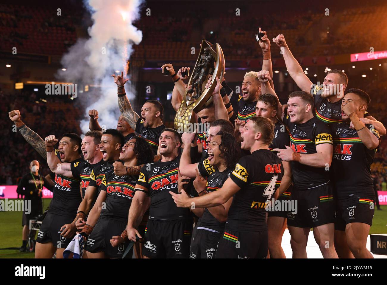 Panthers players celebrate after winning the NRL Grand Final between ...