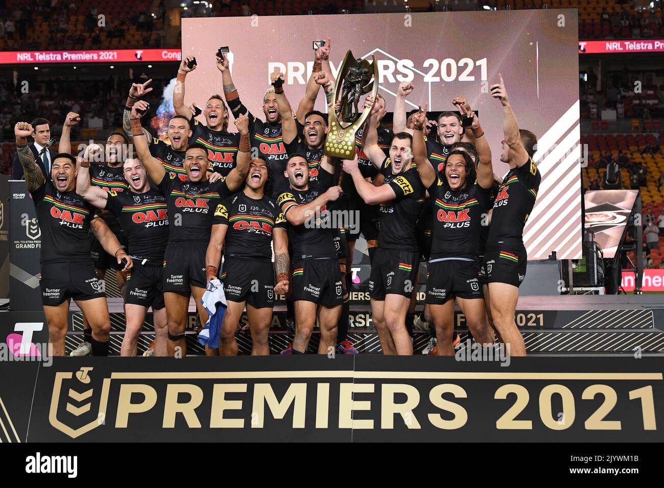 The Penrith Panthers celebrate after they win over the South Sydney ...