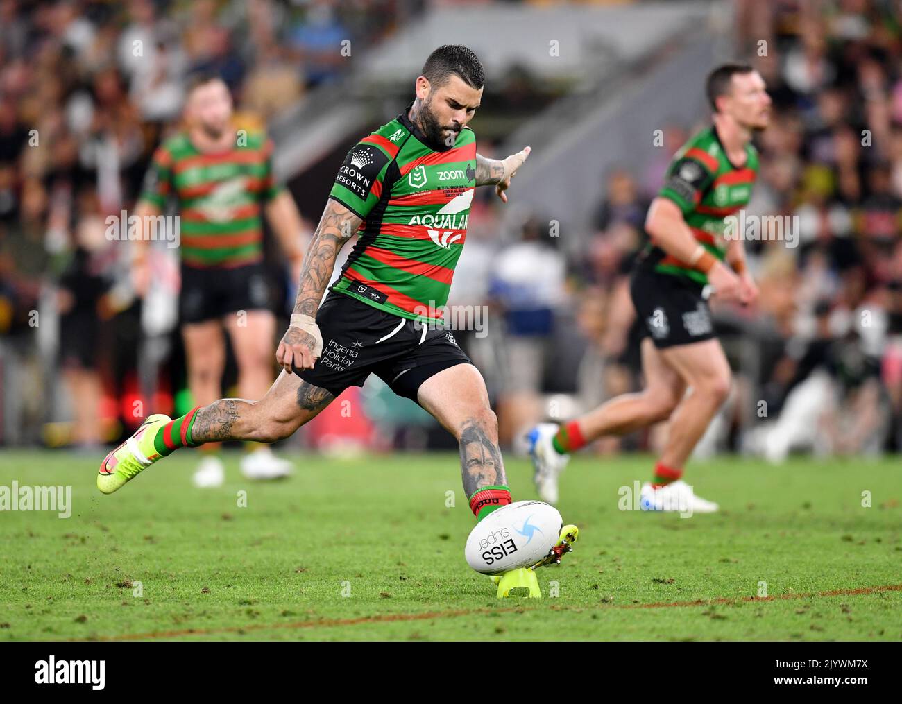 Adam Reynolds of the Rabbitohs kicks a goal during the NRL Grand Final ...