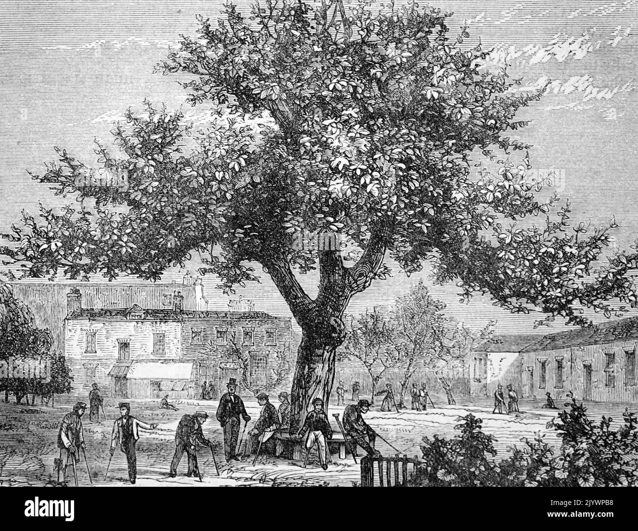 Illustration depicting injured patients walking around the gardens of a ... Illustration depicting injured patients walking around the gardens of a ...
