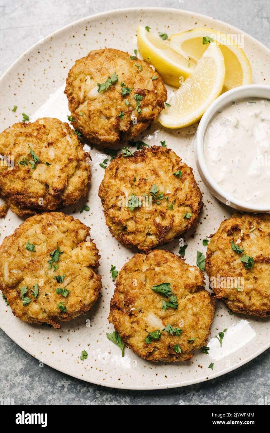 Overhead platter of crab cakes Stock Photo - Alamy