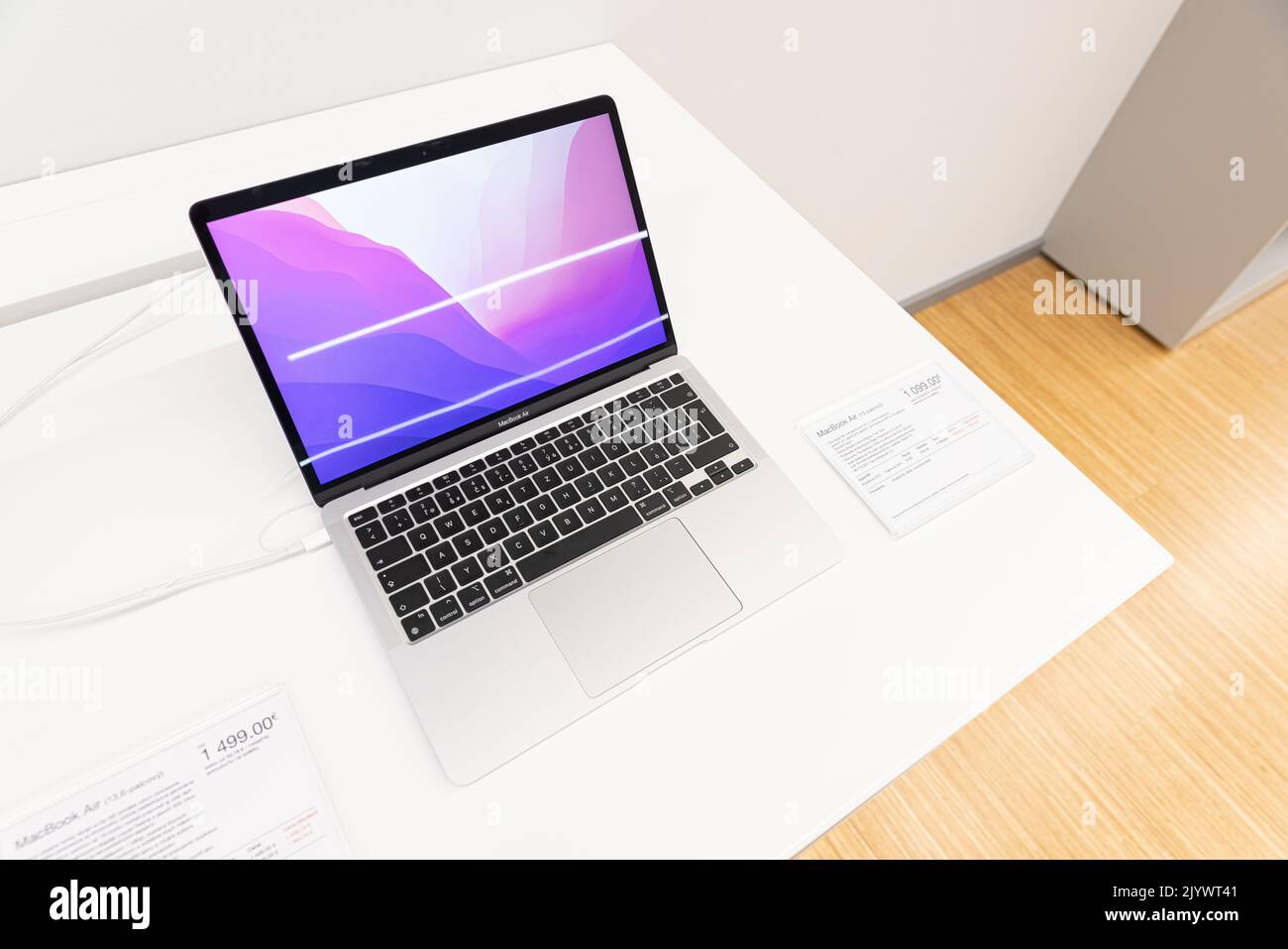 Apple laptop seen on display inside an electronics store in Bratislava ...