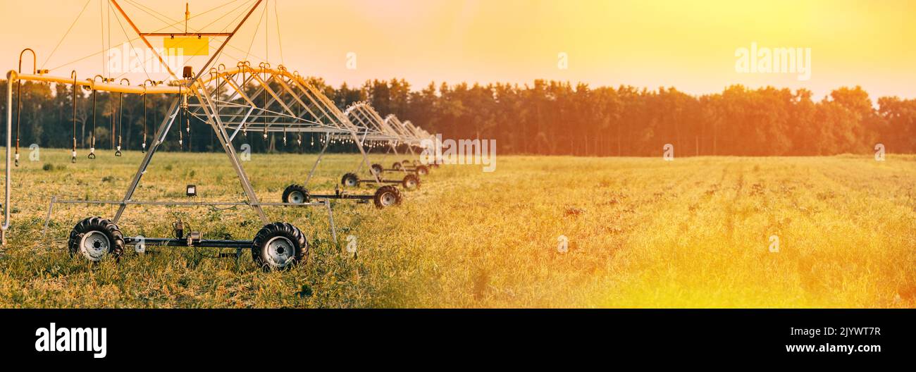 Irrigation Machine At Agricultural Field With Young Sprouts, Green ...