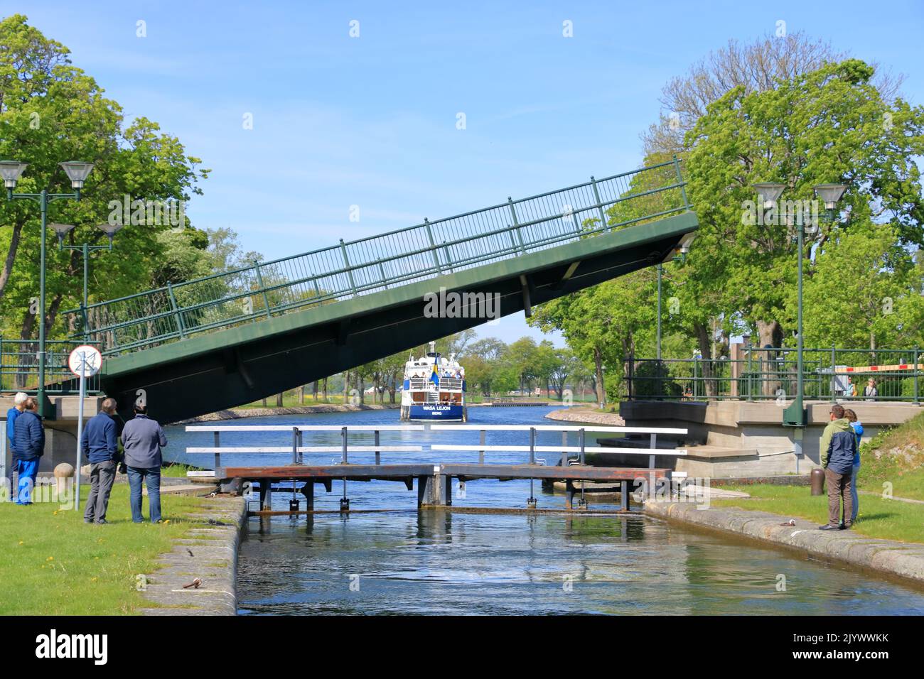 May 24 2022 - Linkoping, Berg in Sweden: lock of a ship in the lock ...