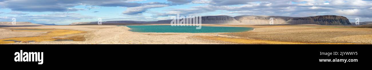 Panorama of tundra and lake at Caswell Tower in Radstock Bay, Devon ...