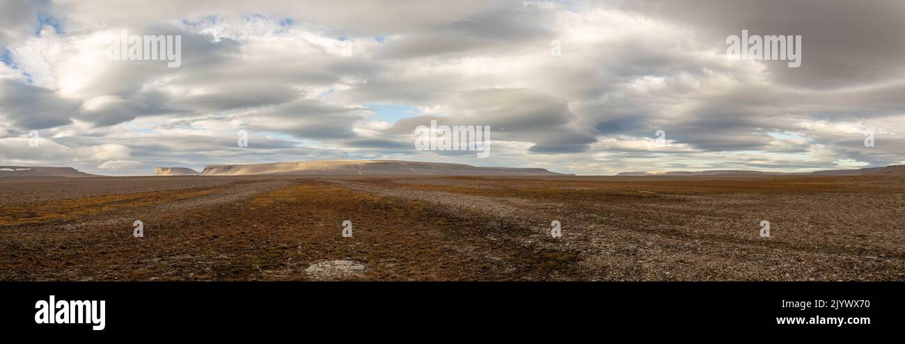 Panorama of tundra and rock formations at Caswell Tower in Radstock Bay ...
