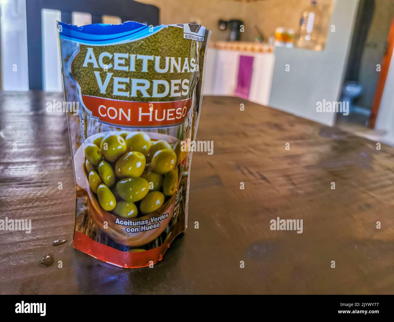 Playa del Carmen Mexico 16. August 2021 Pack of green olives on a ...