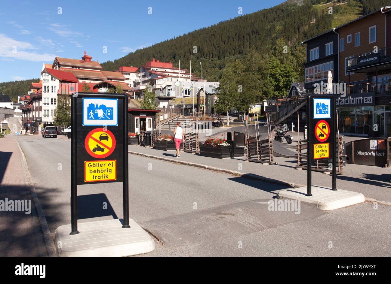 ÅRE, SWEDEN ON AUGUST 24, 2022. Entry to the pedestrian street. Signs ...