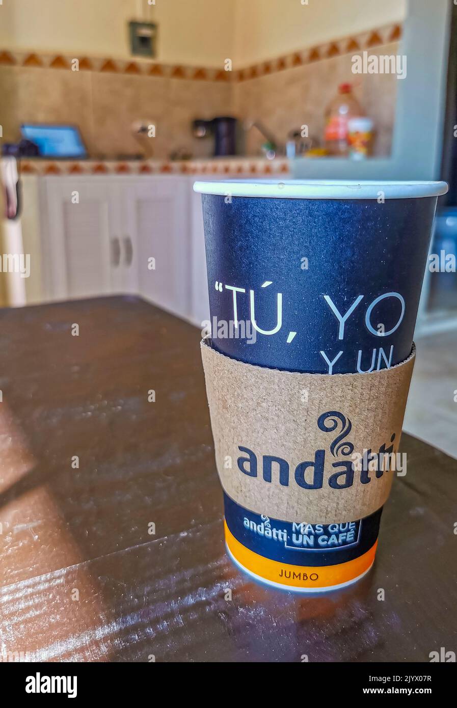 Playa del Carmen Mexico 10. August 2021 Coffee to go cup of black ...