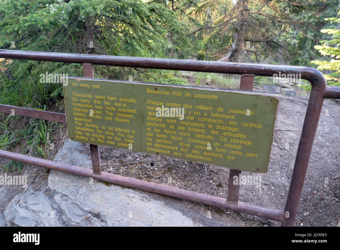 Restoration area sign at Athabasca Falls to rehabilitate the area from ...