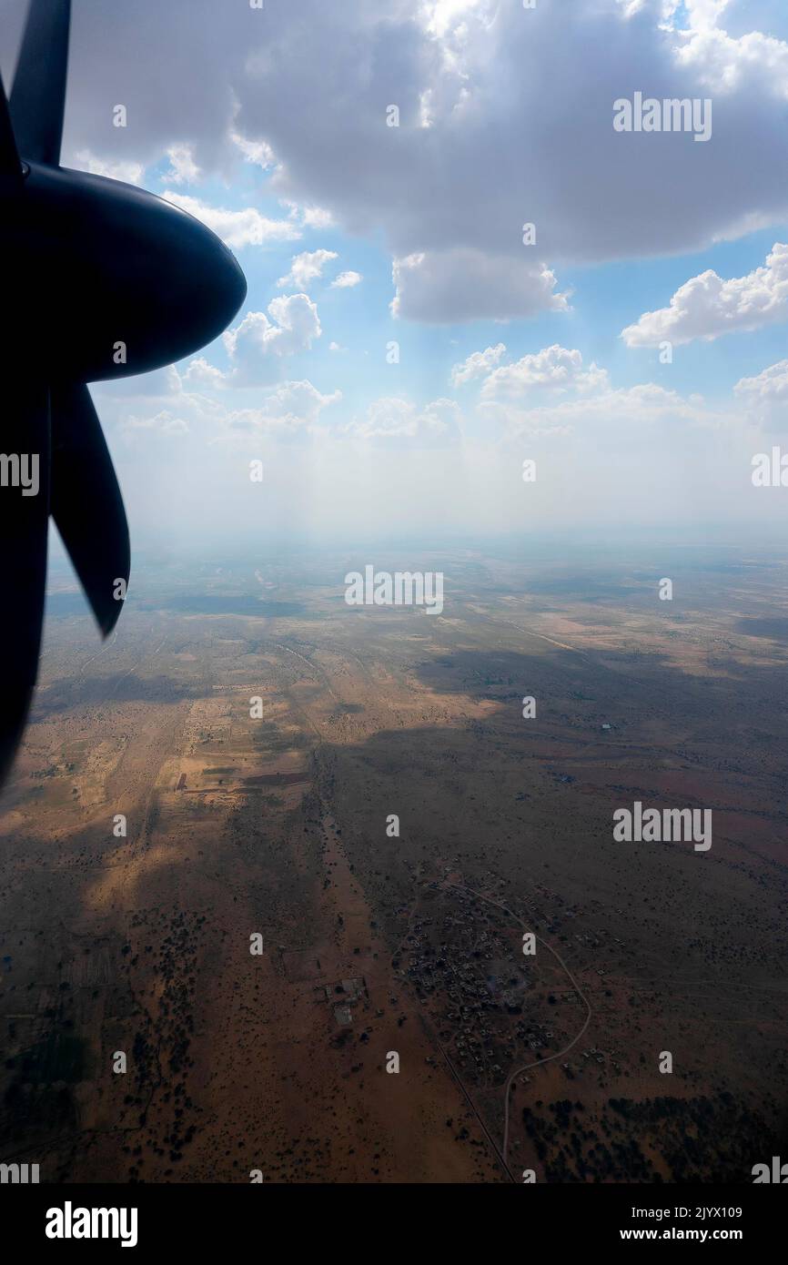 View of Thar desert from an aeroplane, Rajasthan, India. The propellers ...