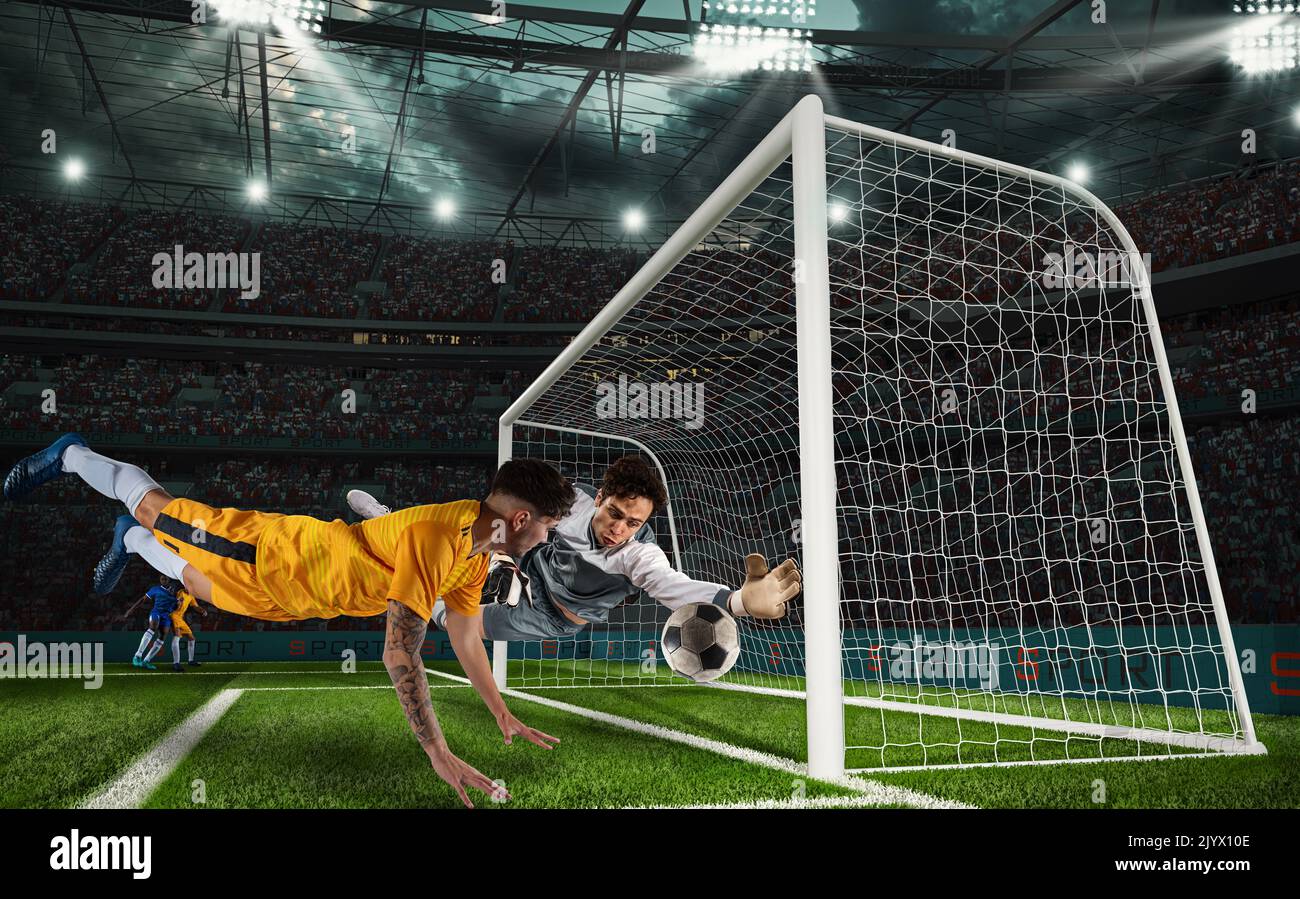 Football action in attack with striker trying to score at the ...