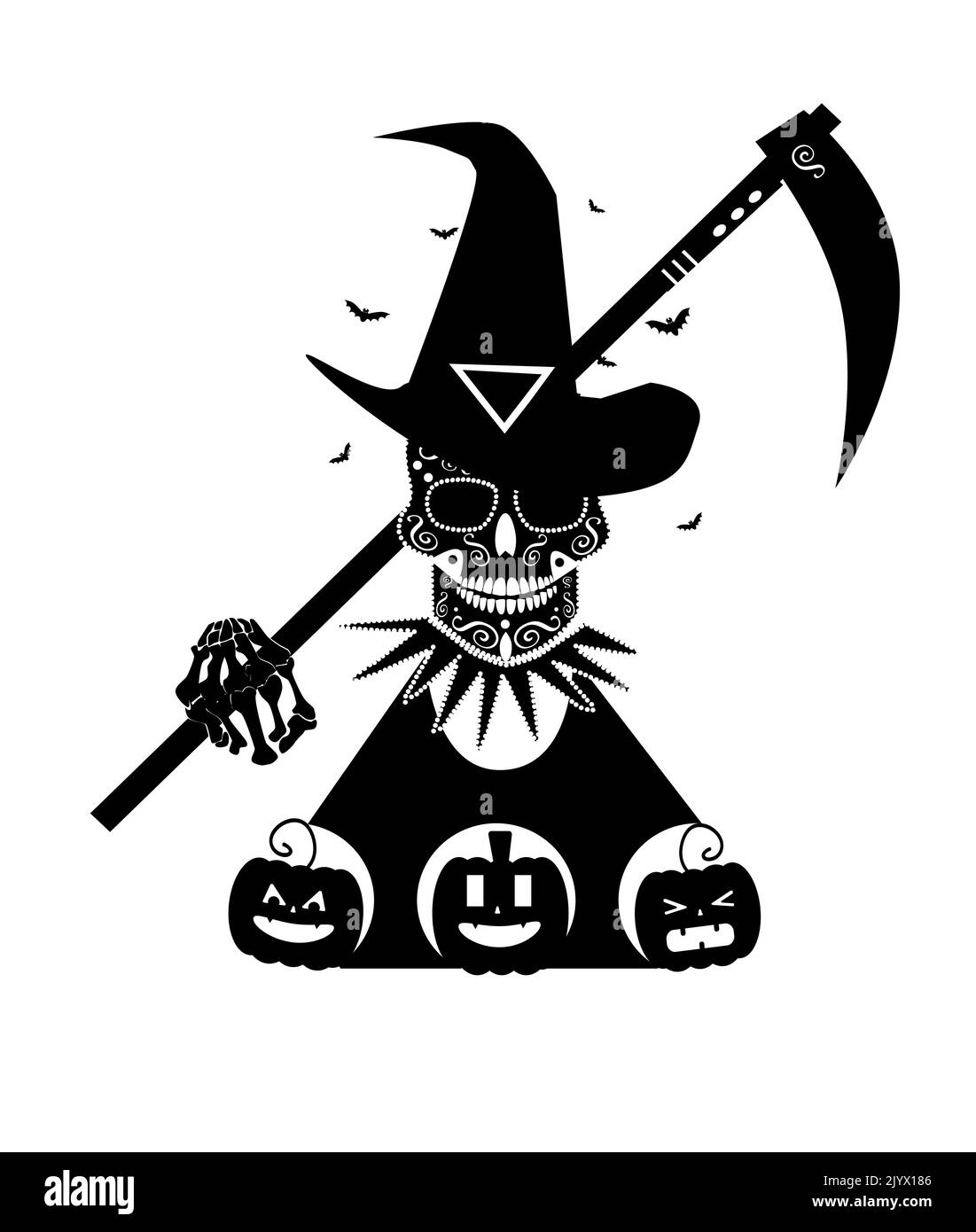 Halloween skull with witch hat and pumpkins black color isolated on the ...