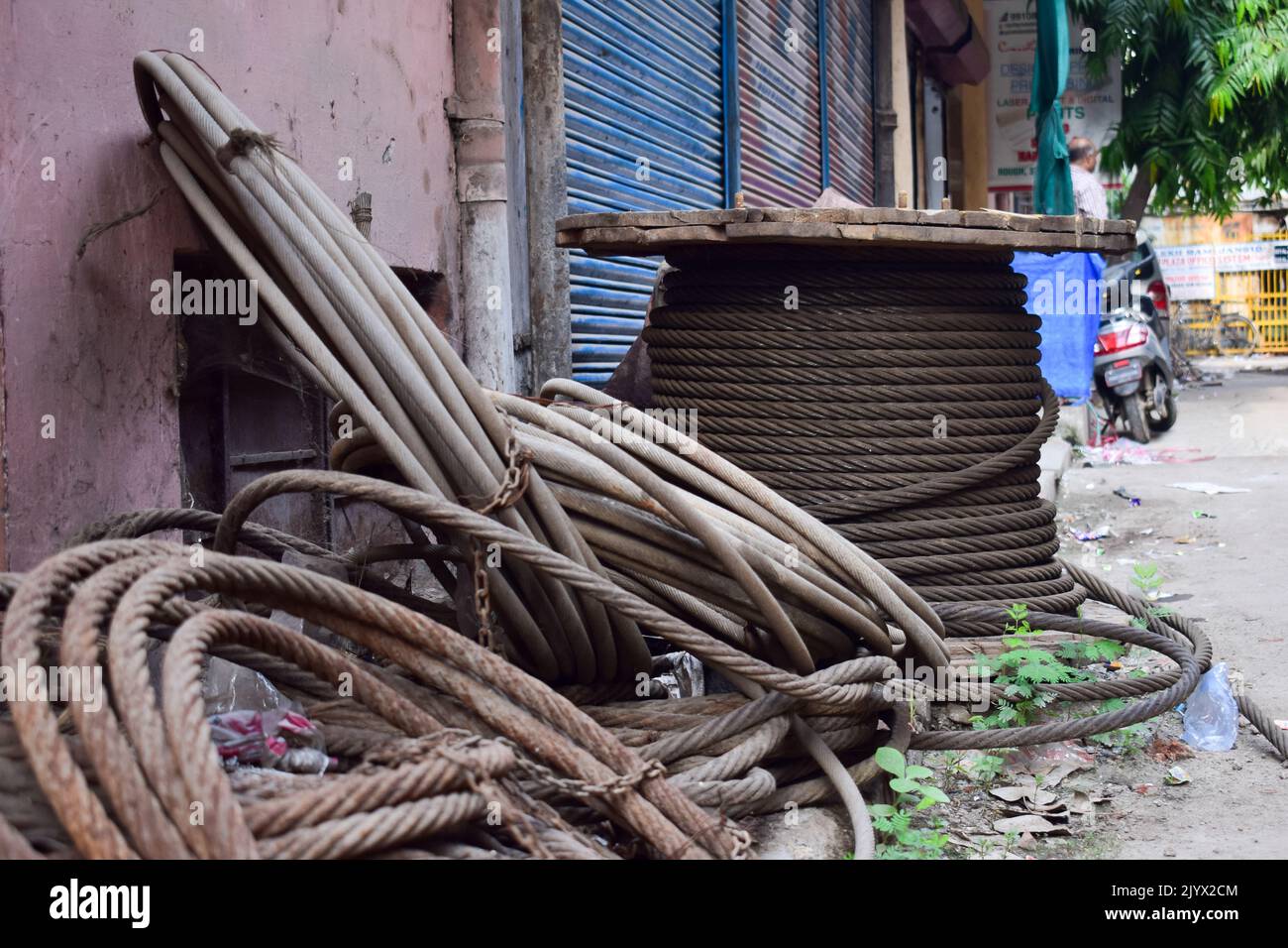 Metallic cable near the road Stock Photo - Alamy