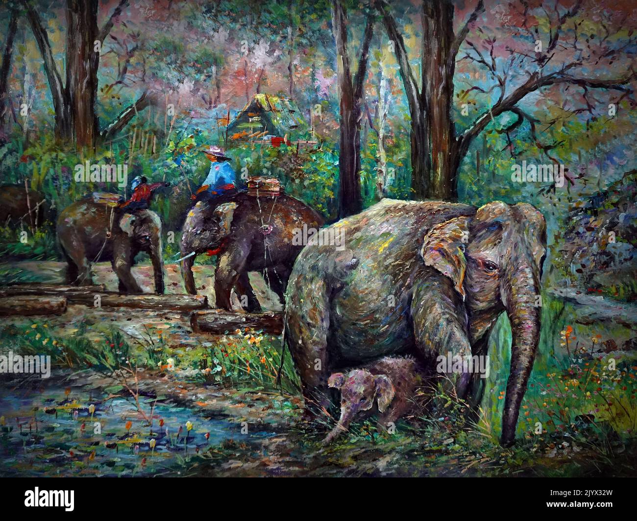 art painting Oil color elephant hauling logs thailand Stock Photo - Alamy