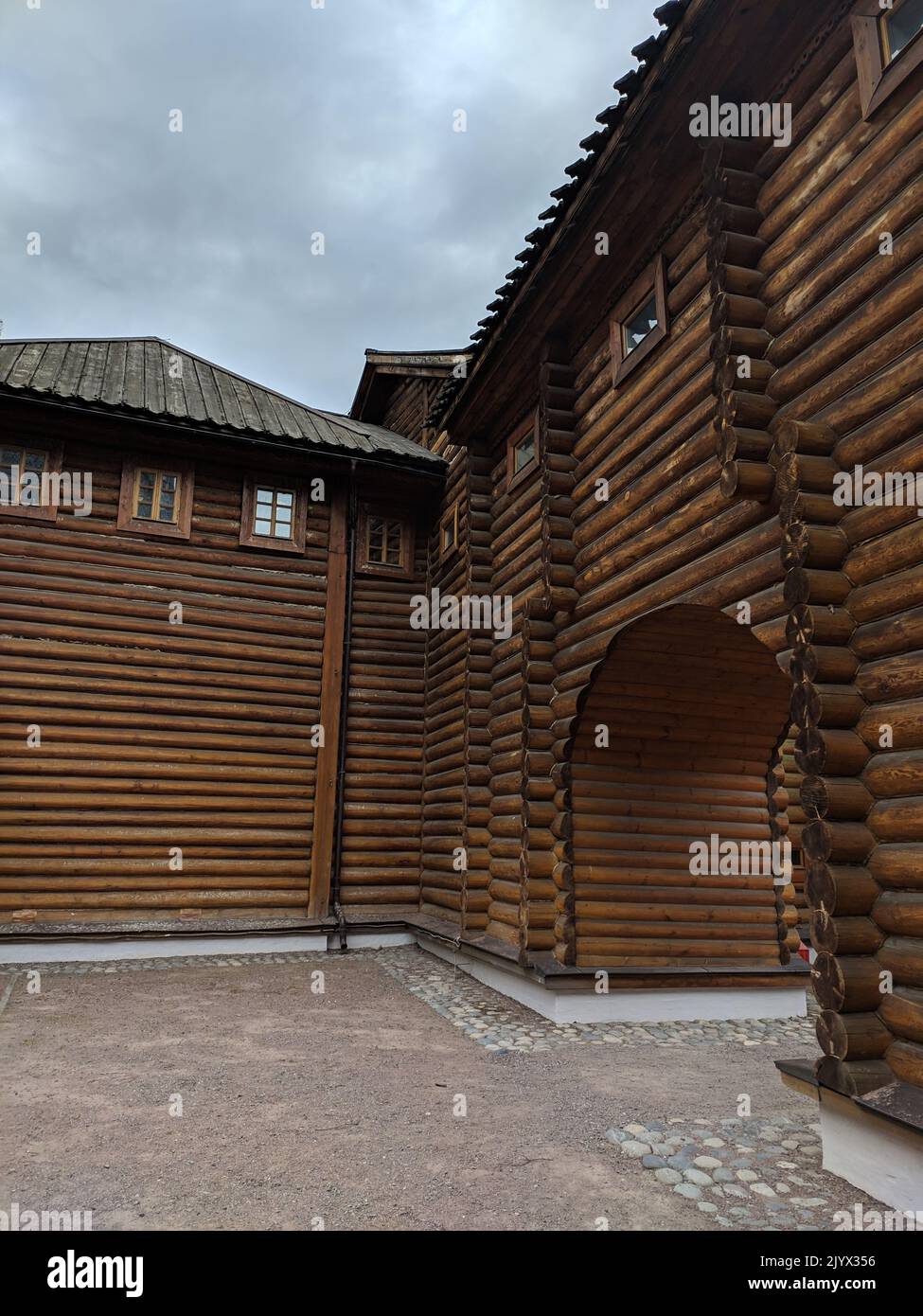 Wooden arcades and medieval architecture. Reconstruction of street in ...