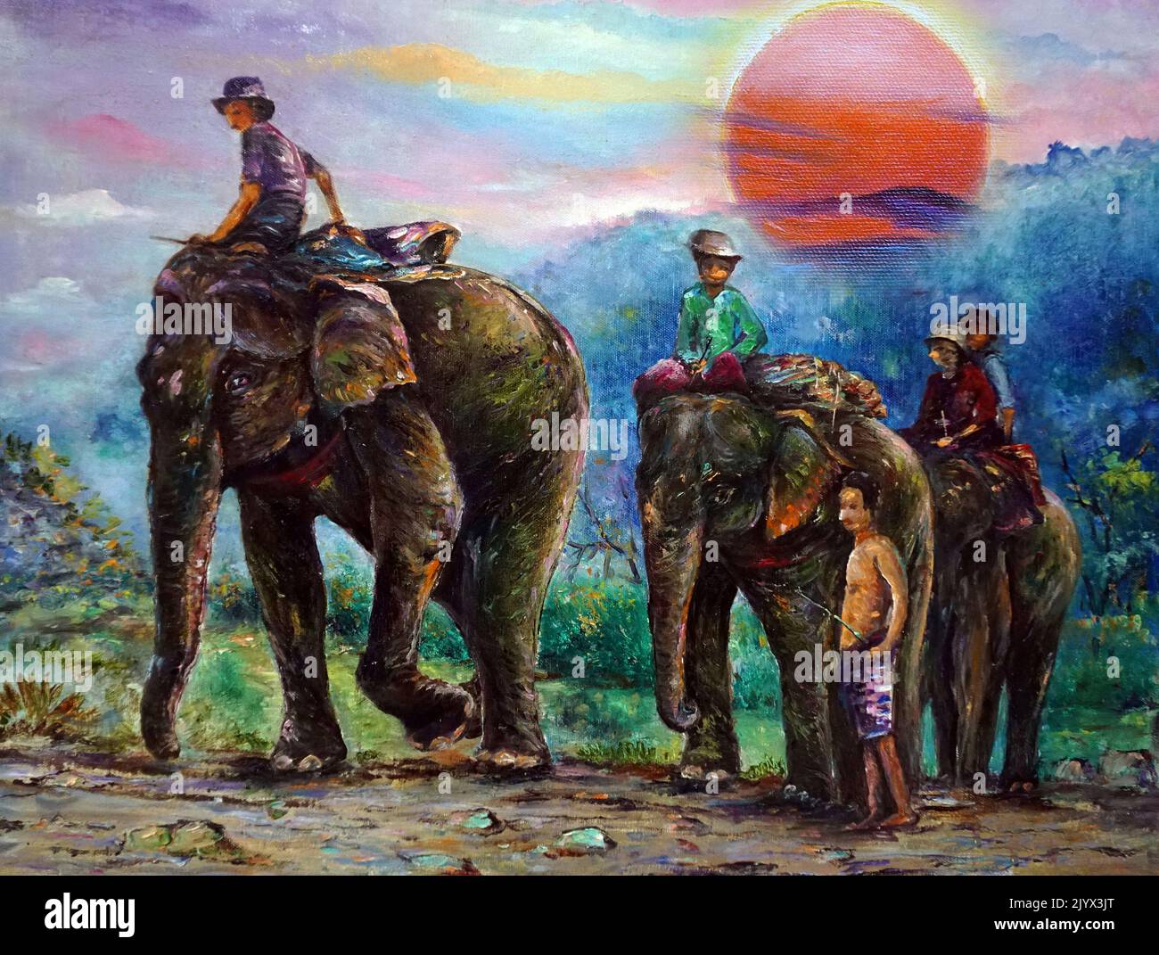 art painting Oil color elephant hauling logs thailand Stock Photo - Alamy