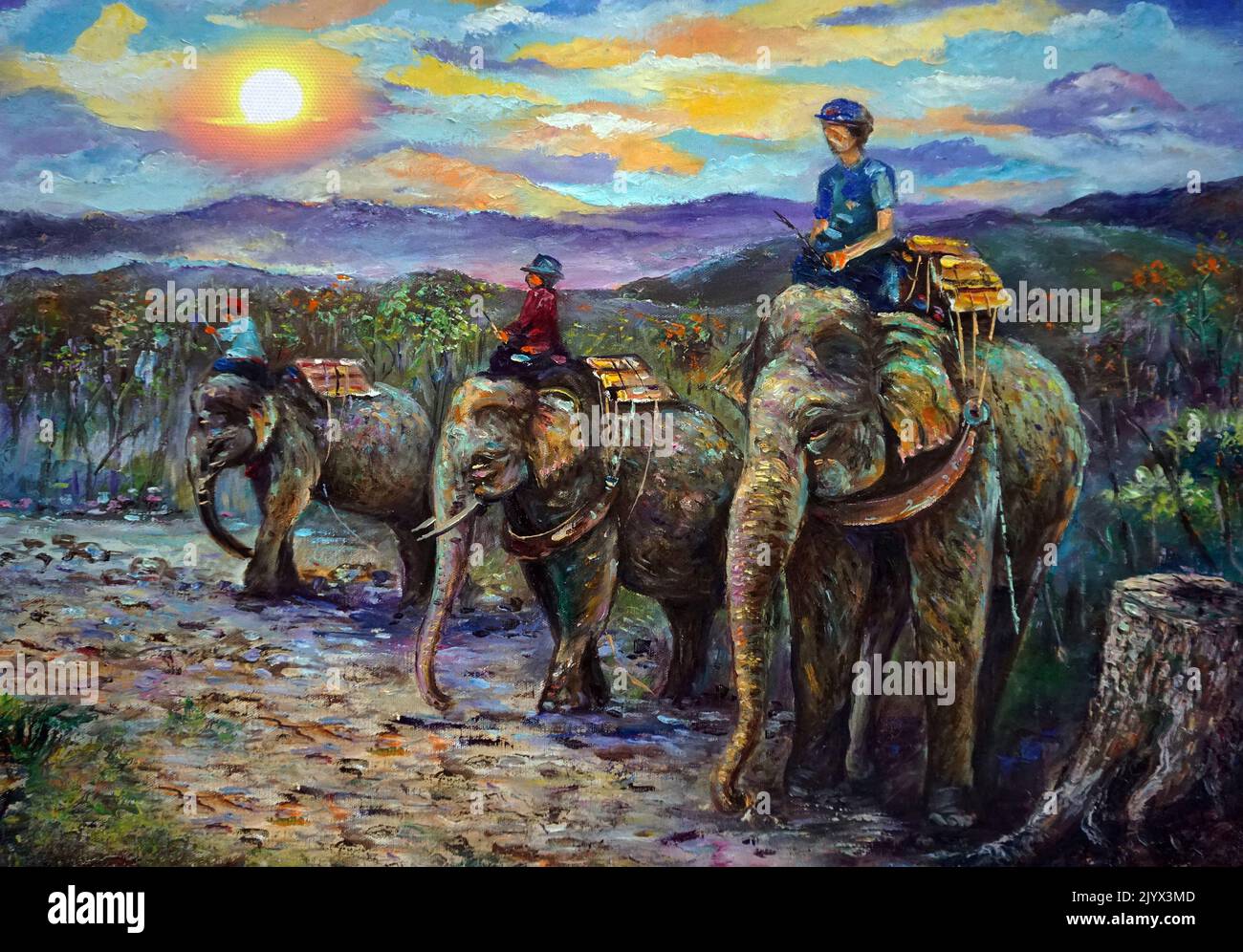 art painting Oil color elephant hauling logs thailand Stock Photo - Alamy