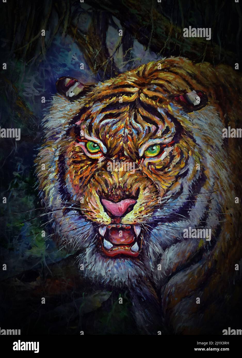 Art painting oil color Tiger in Dark From Thailand , panthera tigris ...