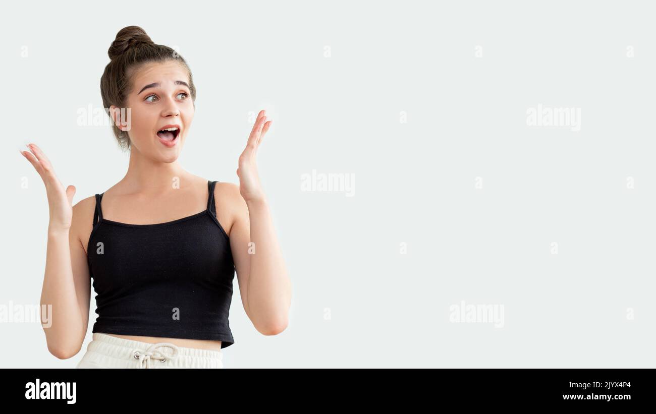 great idea omg face excited pretty woman Stock Photo - Alamy